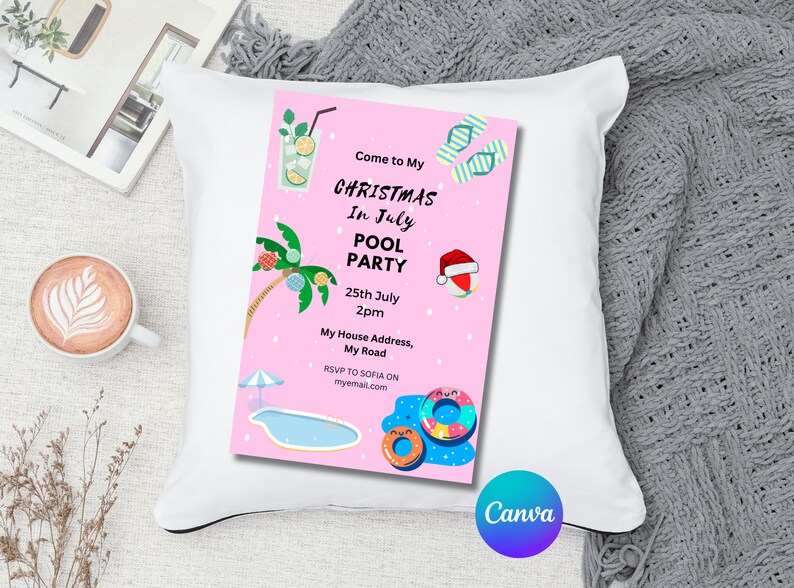 Christmas in July Pool Party, Christmas in July Invite Canva, Tropical ...