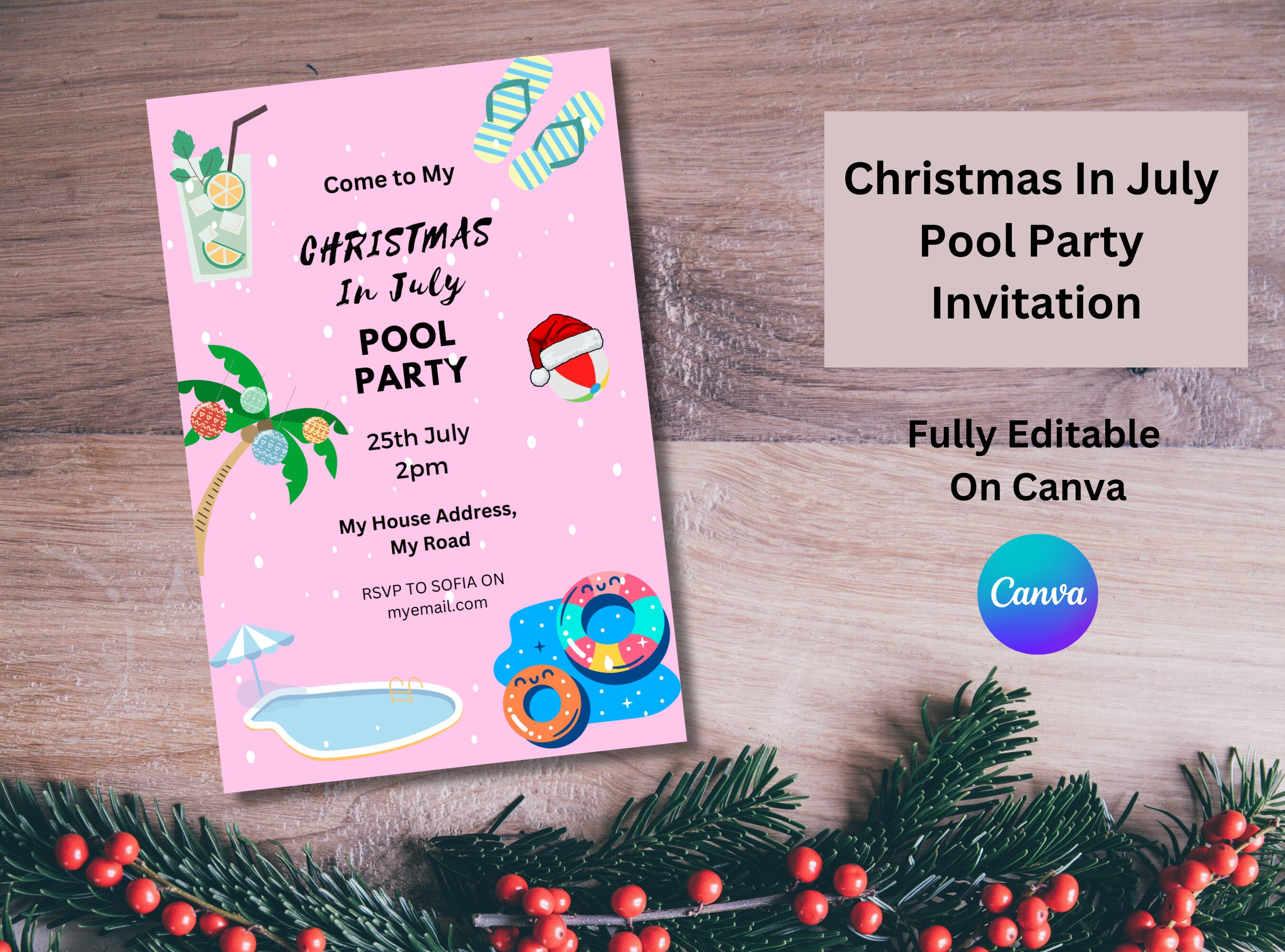 Christmas in July Pool Party, Christmas in July Invite Canva, Tropical ...