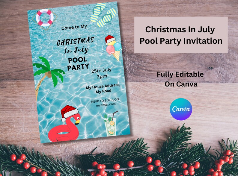 Christmas in July Pool Party, Christmas in July Invite Canva, Tropical ...