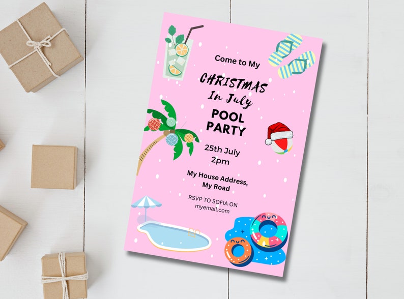 Christmas in July Pool Party, Christmas in July Invite Canva, Tropical ...