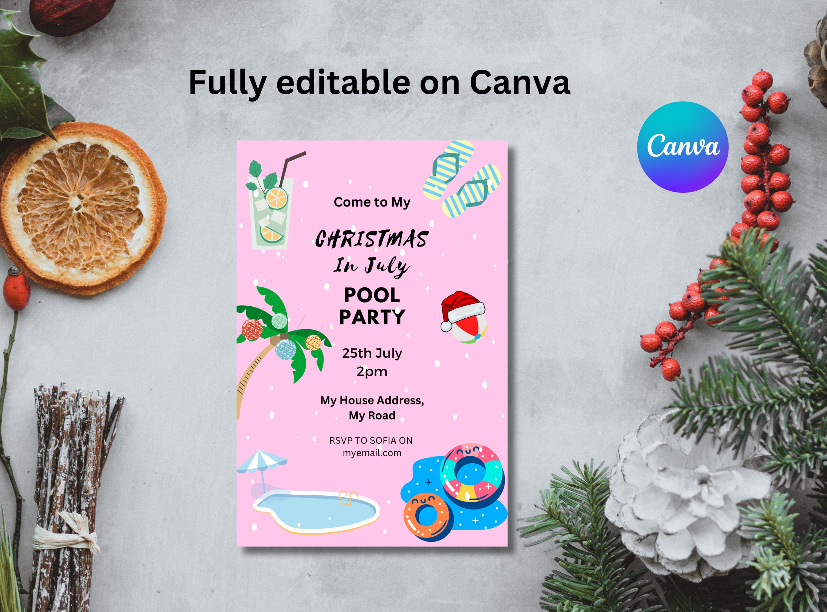 Christmas in July Pool Party, Christmas in July Invite Canva, Tropical ...