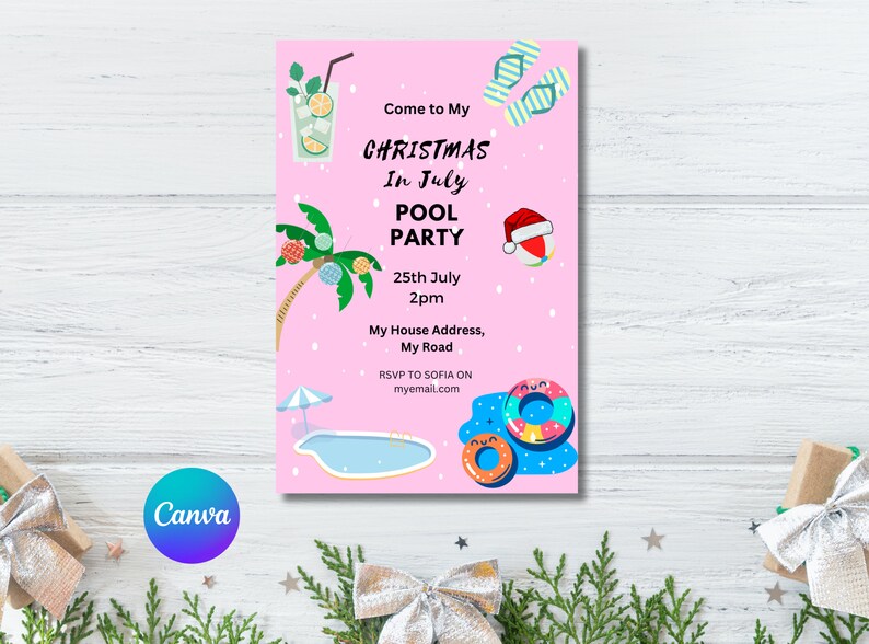 Christmas in July Pool Party, Christmas in July Invite Canva, Tropical ...