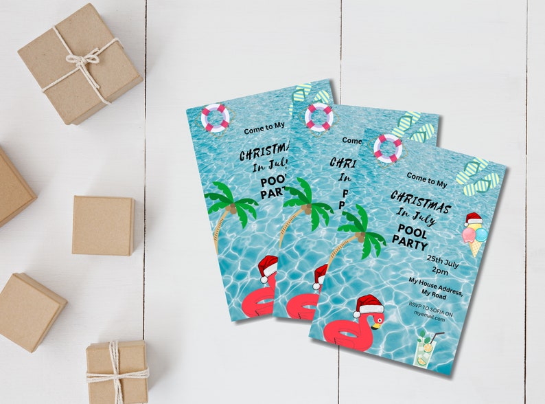 Christmas in July Pool Party, Christmas in July Invite Canva, Tropical ...