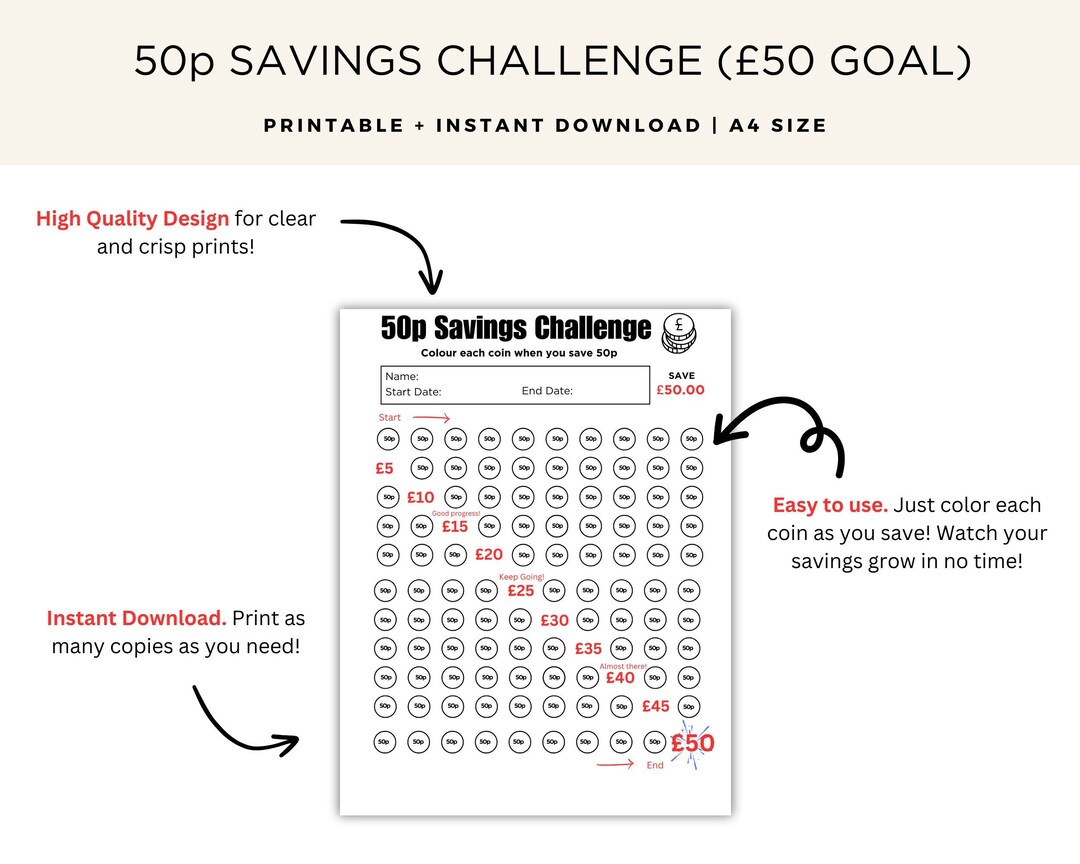 50 British Pounds, 50p A Day Savings Challenge, Simple Saving Tracker ...