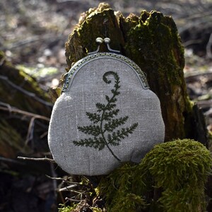 Linen Purse Hand Embroidered, Fern and Forest Motif, Upcykling Vintage ...