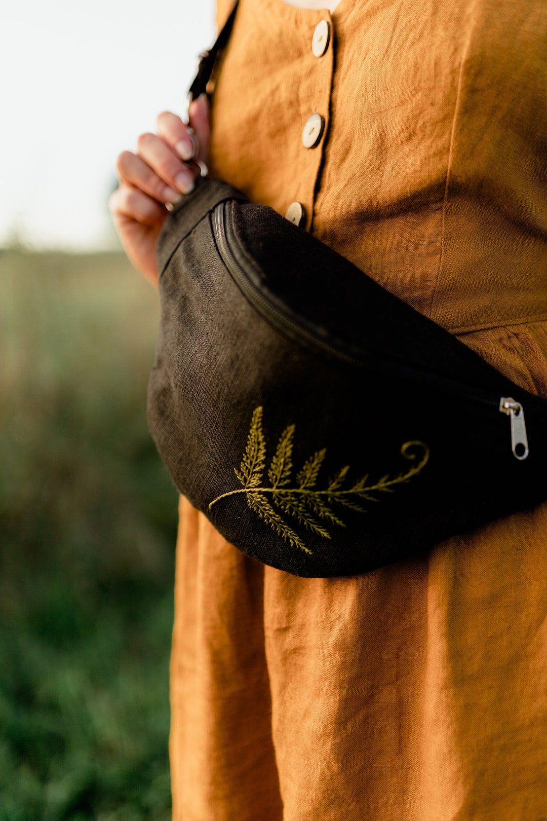 Hand Embroidered Black Belly Bag, Fern Forest Linen Hip Pack, Festival ...