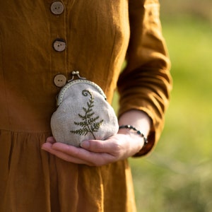 Linen Purse Hand Embroidered, Fern and Forest Motif, Upcykling Vintage ...