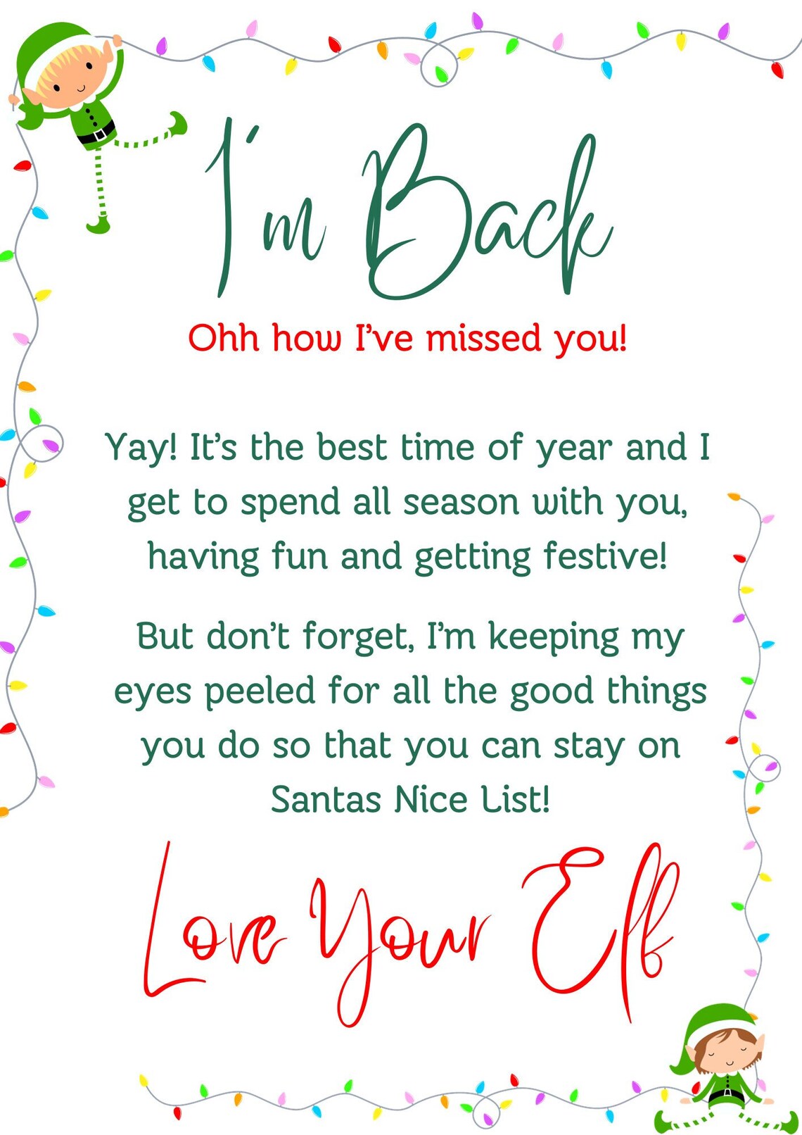 Elf Letter, Printable Elf Letter, Printable Elf Hello, I'm Back Elf ...