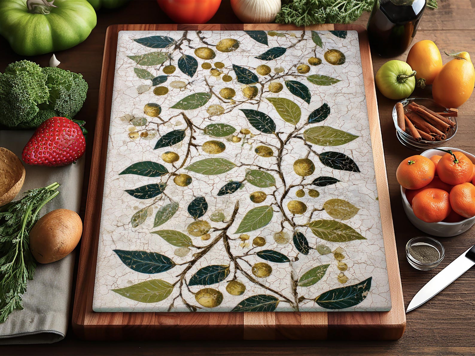 Tuscan Farmhouse Kitchen Decor, Rustic Olive Pattern Glass Board, Old ...