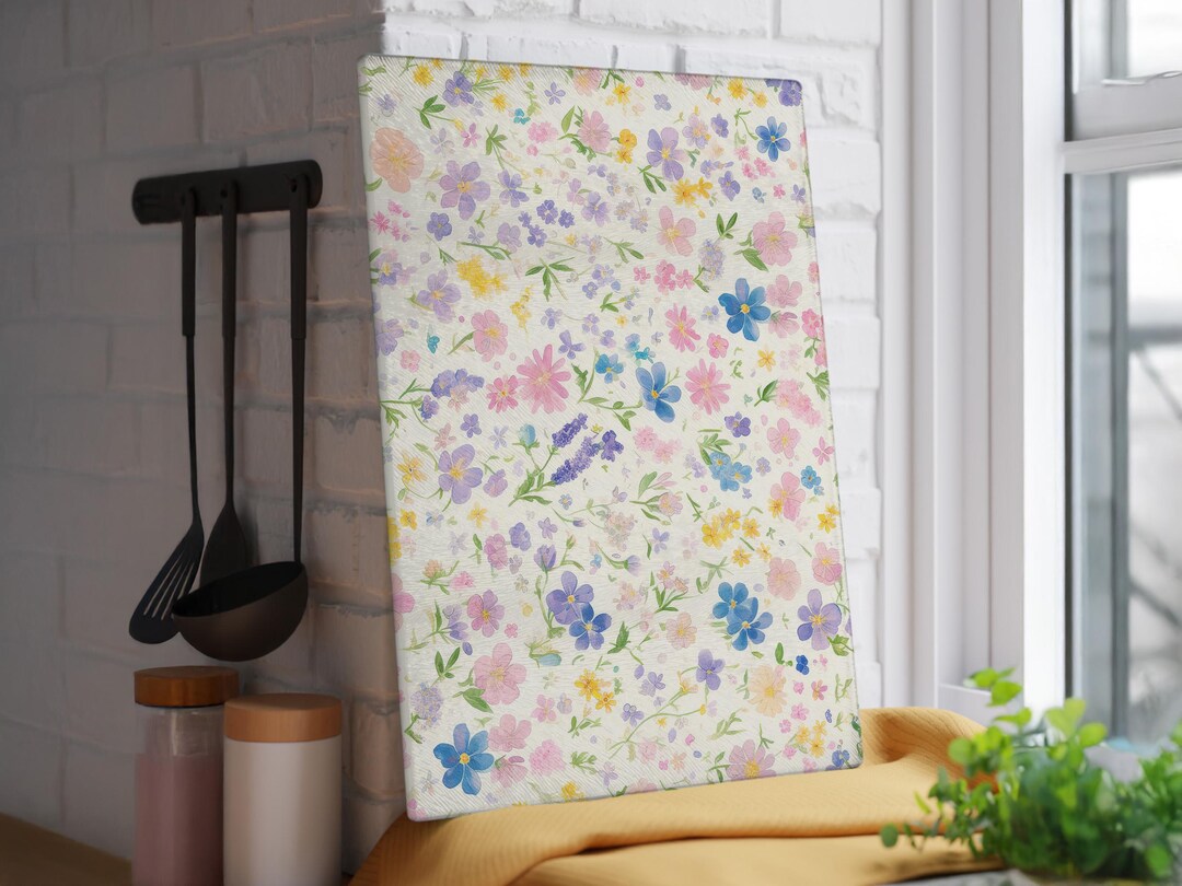 Pastel Kawaii Kitchen Decor, Whimsical Garden Glass Cutting Board ...