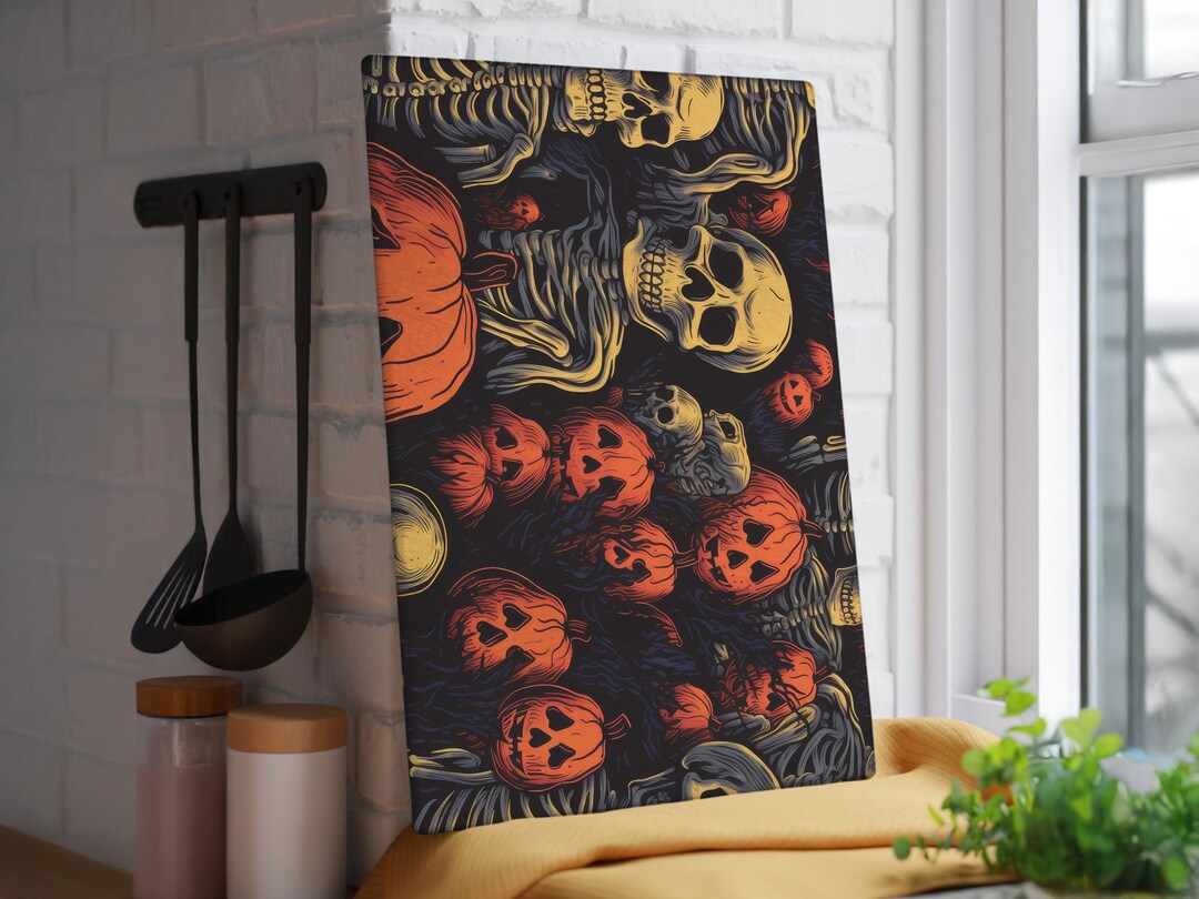 Gothic Kitchen Aesthetic, Macabre Art Skull & Pumpkin Cutting Board ...