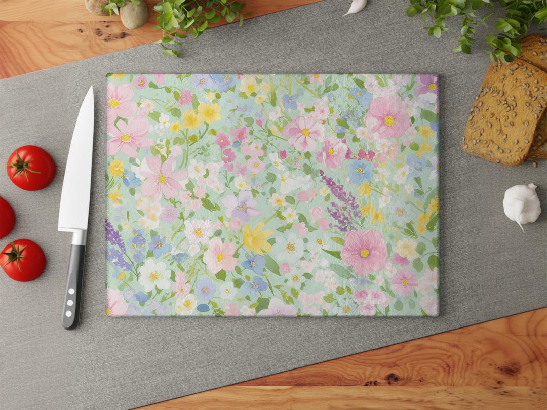 Cottagecore Kitchen Decor Glass Cutting Board, Serene Pastel Wildflower ...