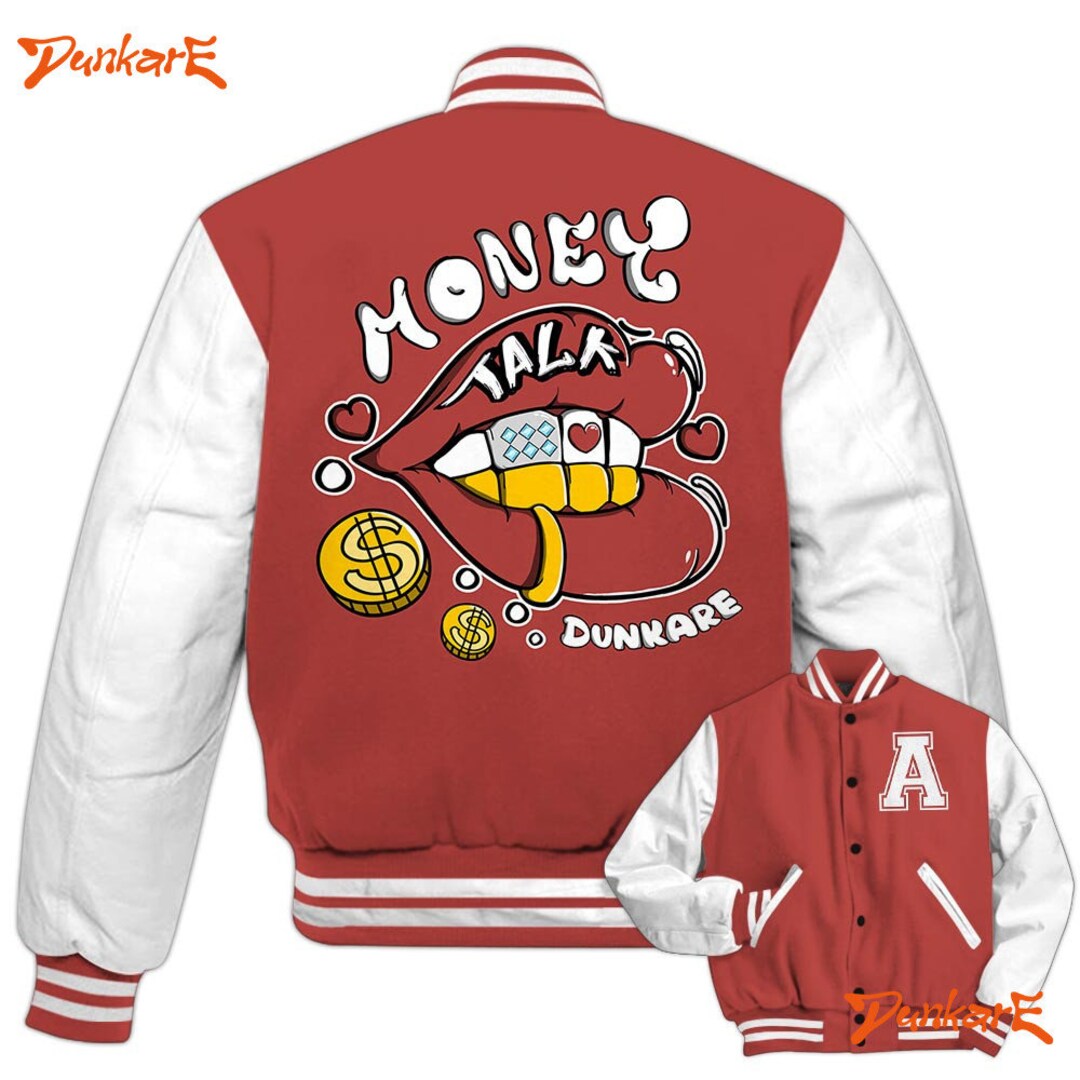 Dunkare Dune Red 13s Varsity Jacket, Custom Lips Money Talk Varsity ...