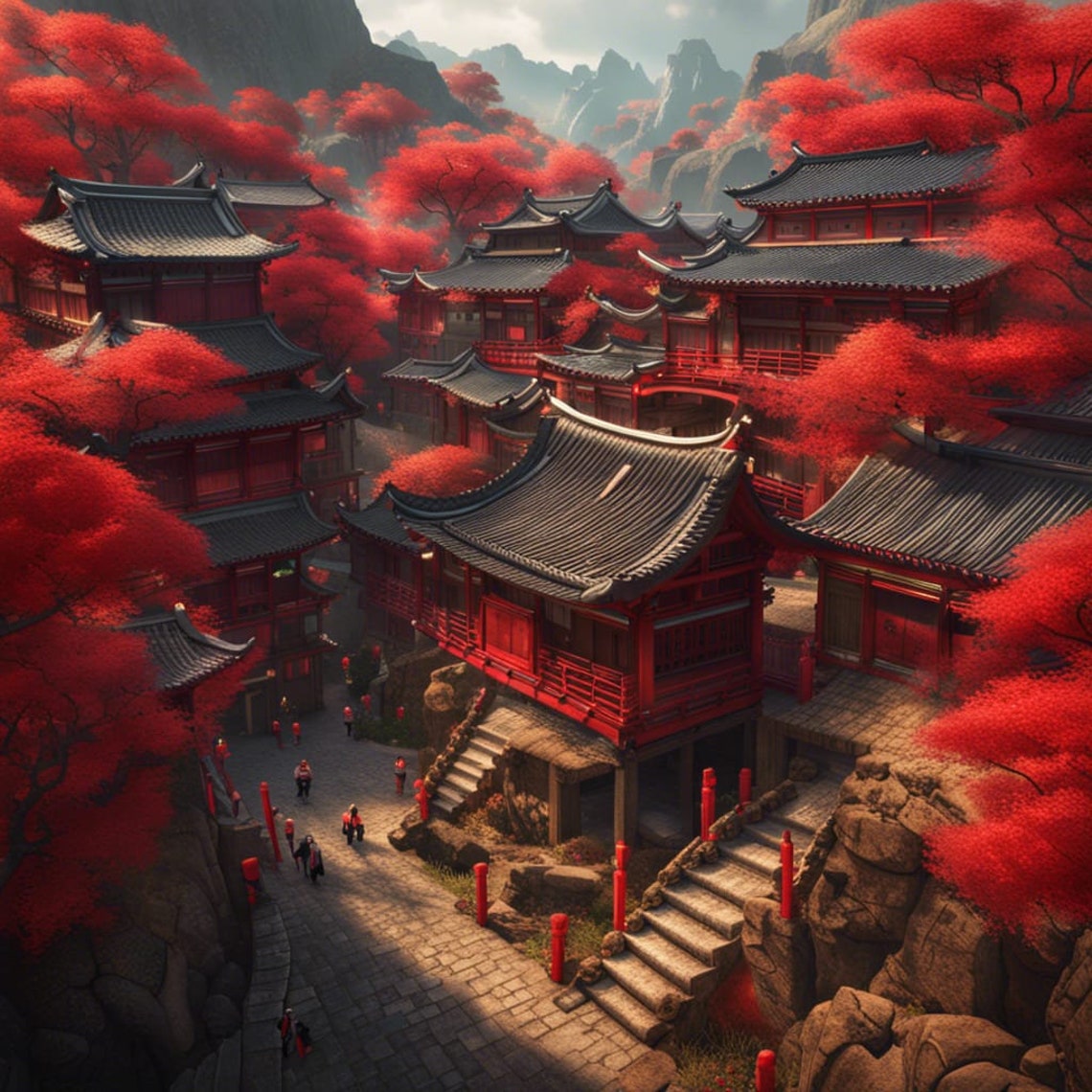 Stunning Oriental Red Village, Oriental Wall Art, Oriental Wall Decor ...