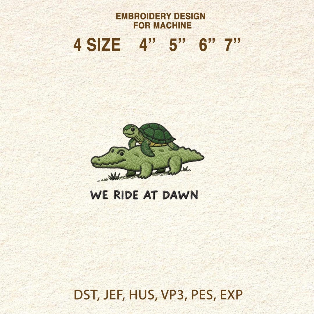 Turtle Riding Alligator Embroidery Design, We Ride at Dawn Funny Animal ...