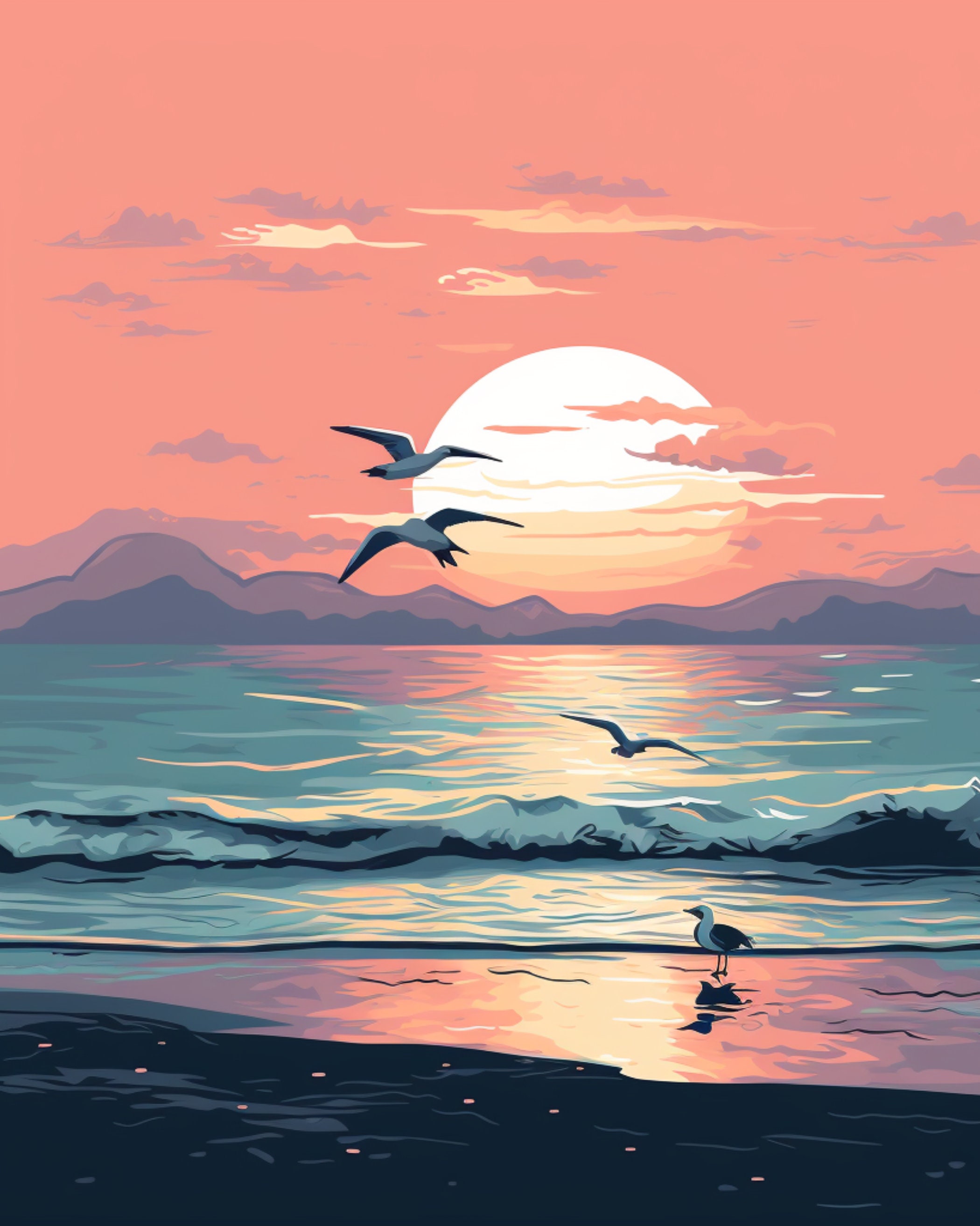 Coastal, Beach, Sunset, Digital Art, Printable, Landscape, Sunset Beach ...