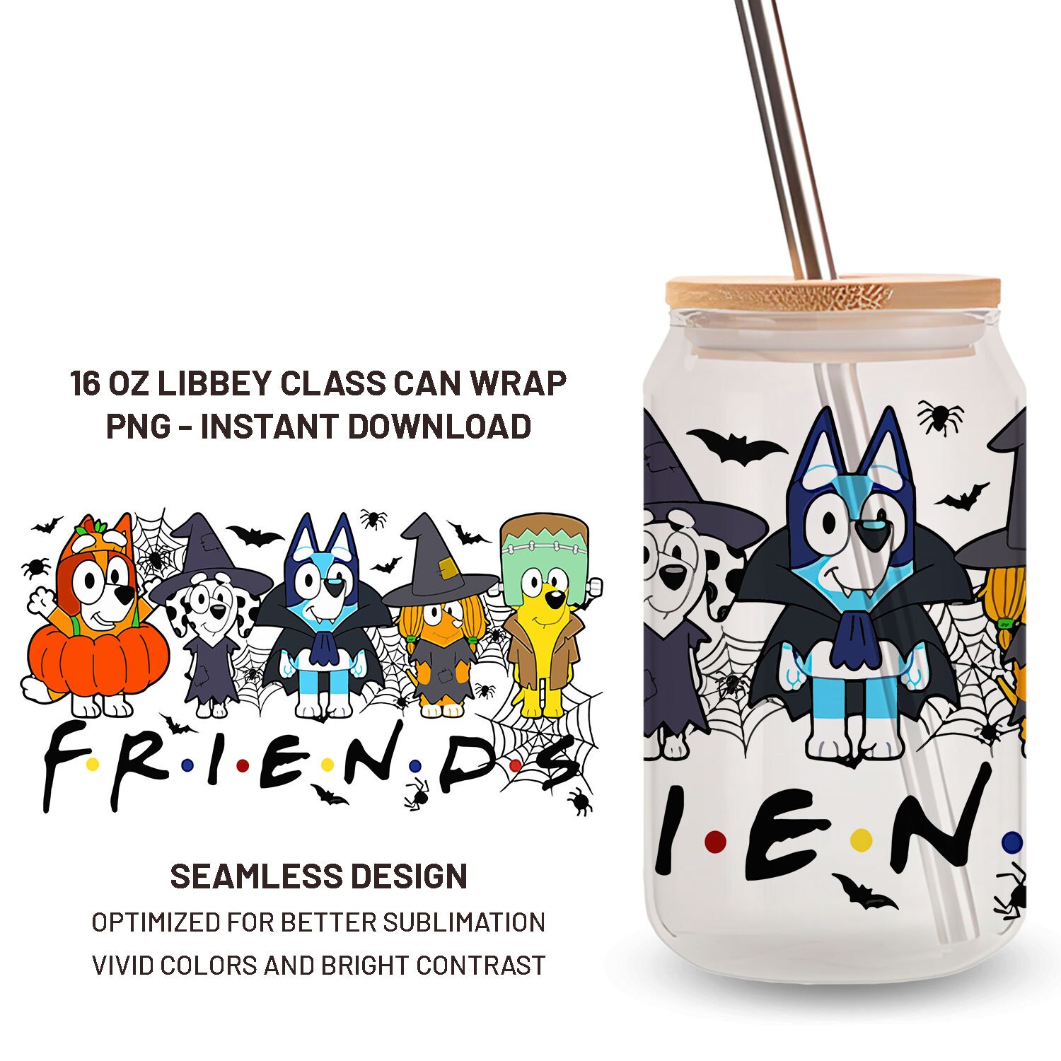 Bluey Dogs Halloween 16oz Libbey Glass Can Wrap Blue Dogs - Etsy