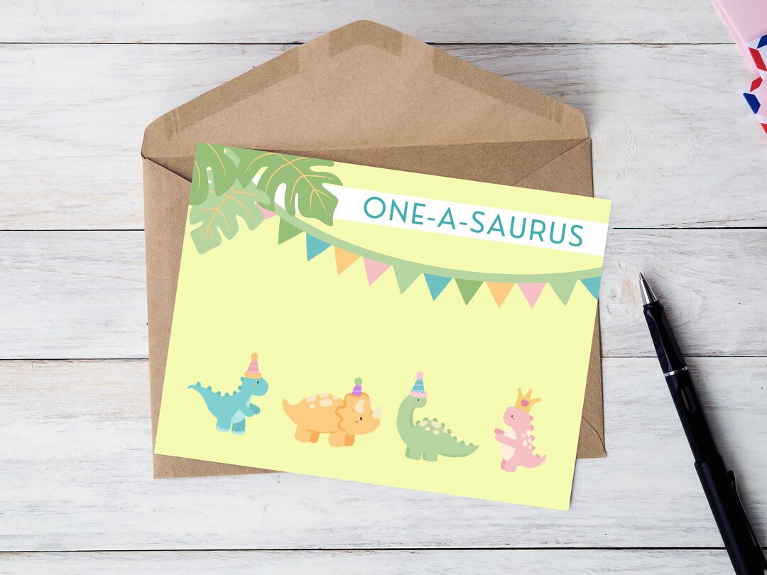 Printable One-a-saurus Cute Dinosaur Yellow First Birthday Card (8 ...