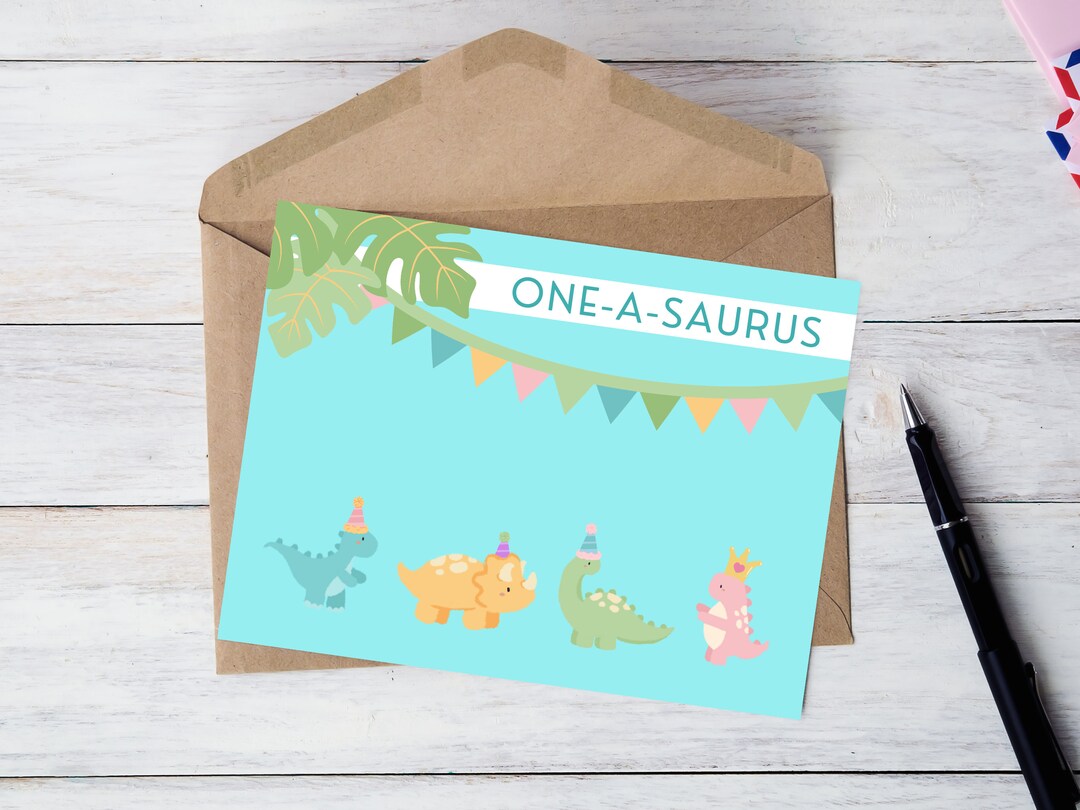 Printable One-a-saurus Cute Dinosaur Blue First Birthday Card (8.5x11in ...