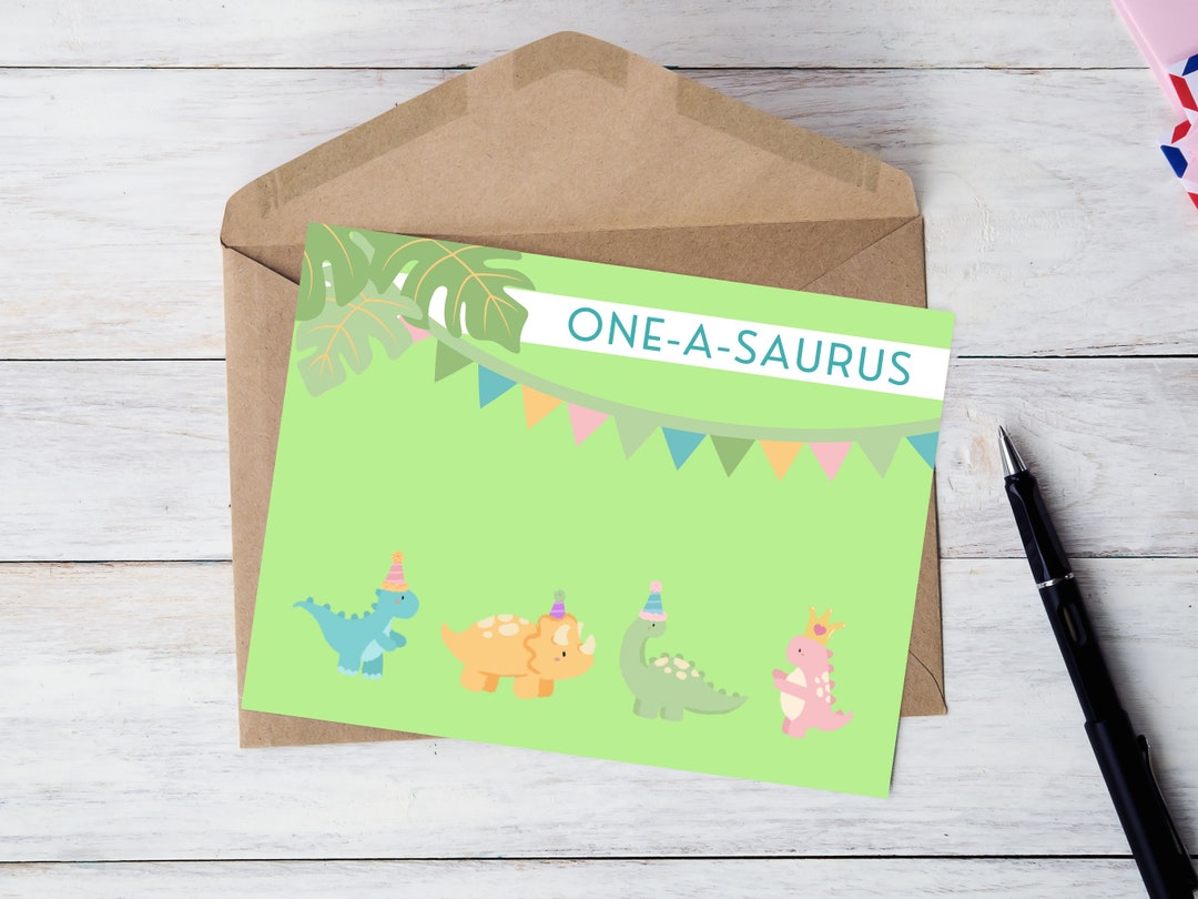 Printable One-a-saurus Cute Dinosaur Green First Birthday Card (8 ...