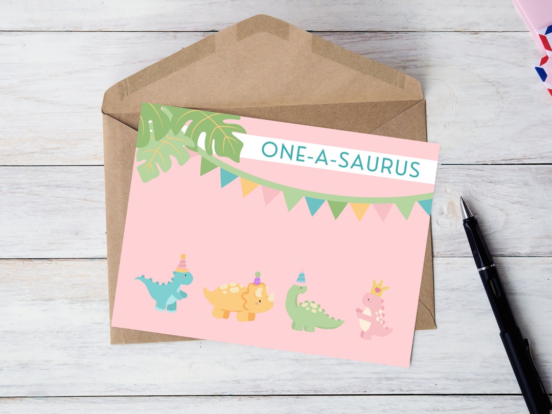 Printable One-a-saurus Cute Dinosaur Pink First Birthday Card (8.5x11in ...