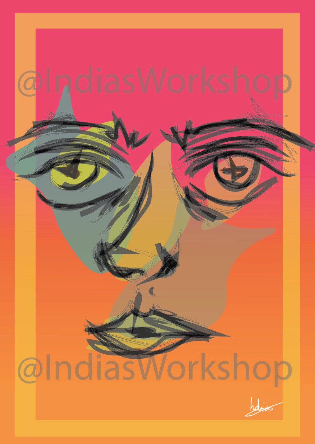 Sketched Facial Features Digital Art Psychedelic Digital Print Artwork ...