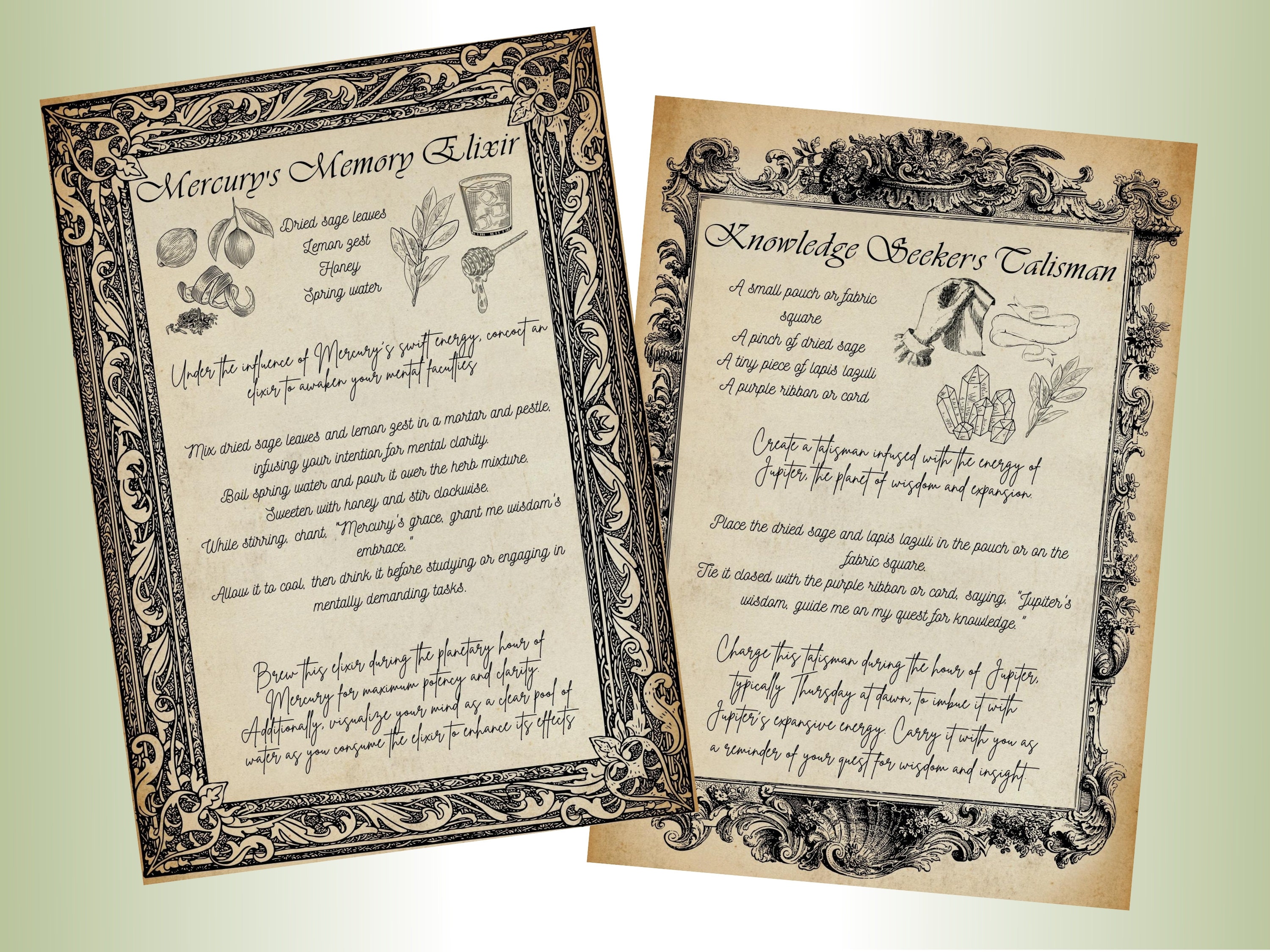 Printable Inteligence Spell, Grimoire Pages, Blank Grimoire, Green ...