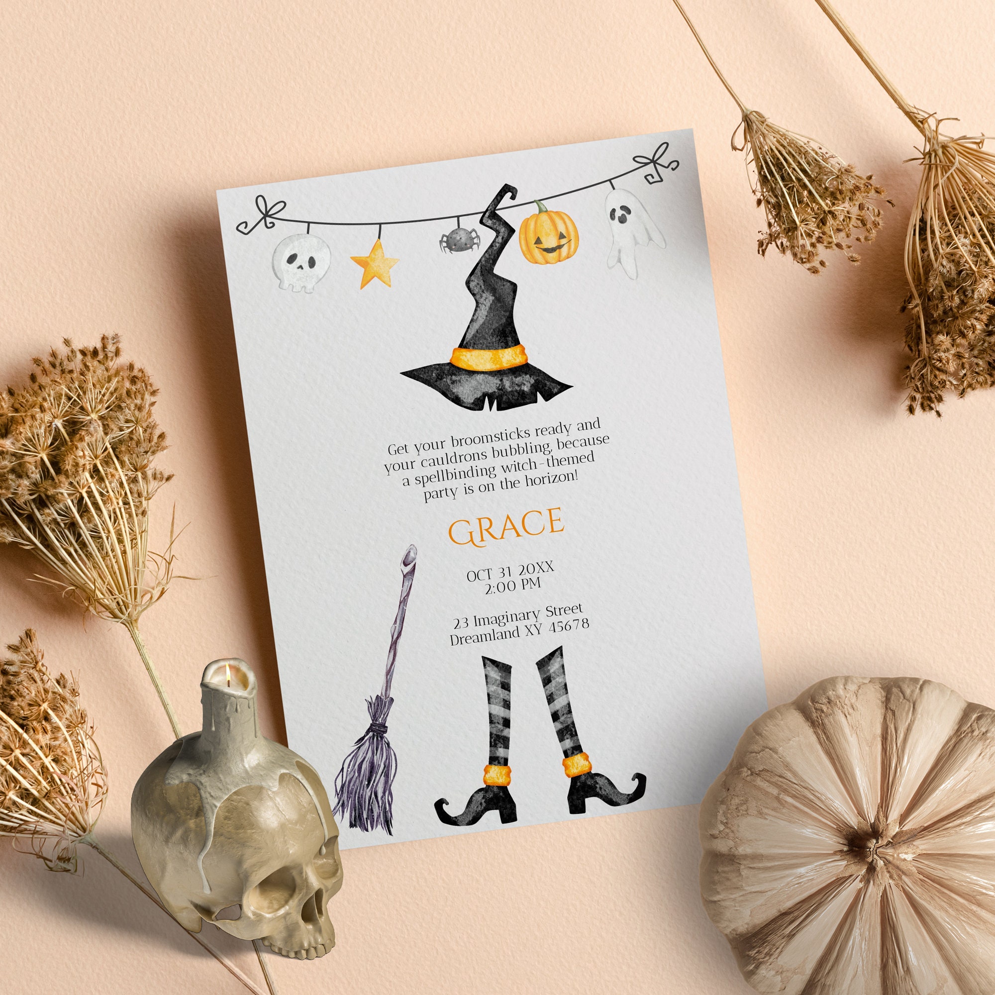 Editable Minimal Halloween Witch Invitation | Witch Cute Invitation ...