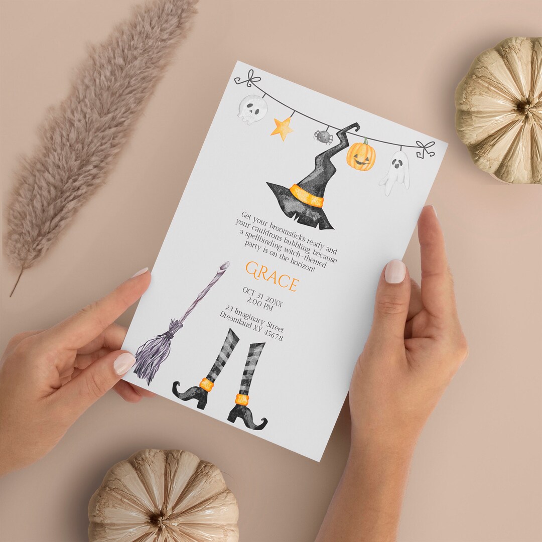Editable Minimal Halloween Witch Invitation | Witch Cute Invitation ...