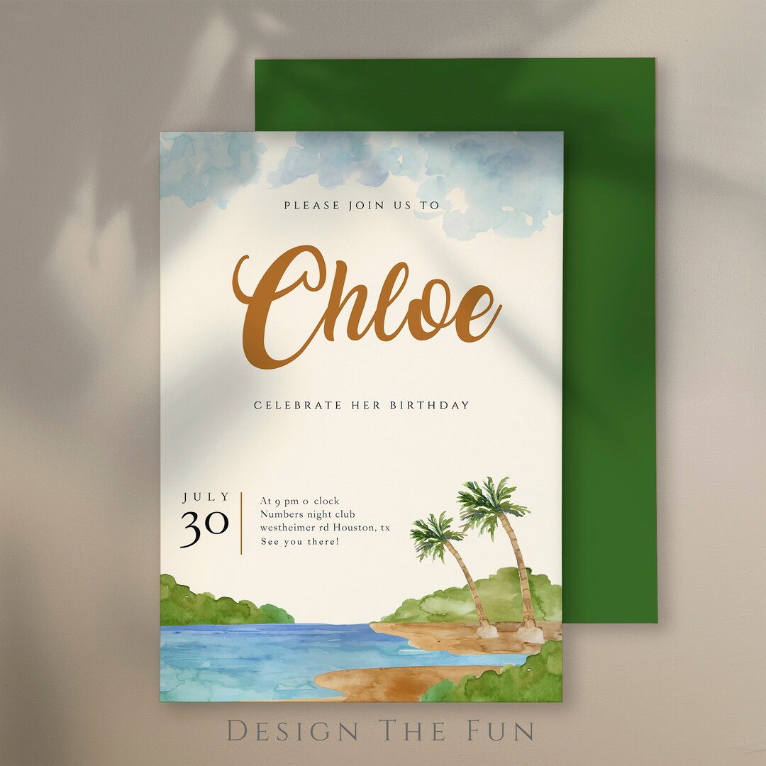 Editable Minimal Island Birthday Invitation Template | Tropical Summer ...