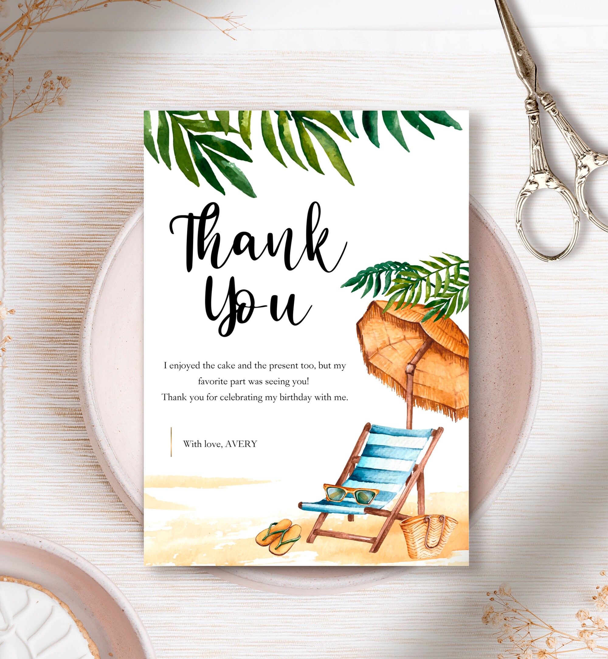 Editable Thank You Card Seaside Beach Party Happy Summer Sunbed ...