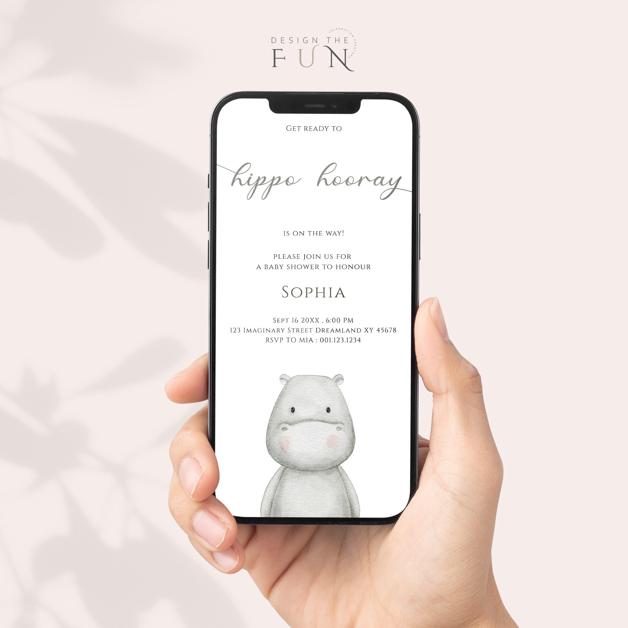 Hippo Baby Shower Evite Invitation Template | Minimalist Digital Hippo ...