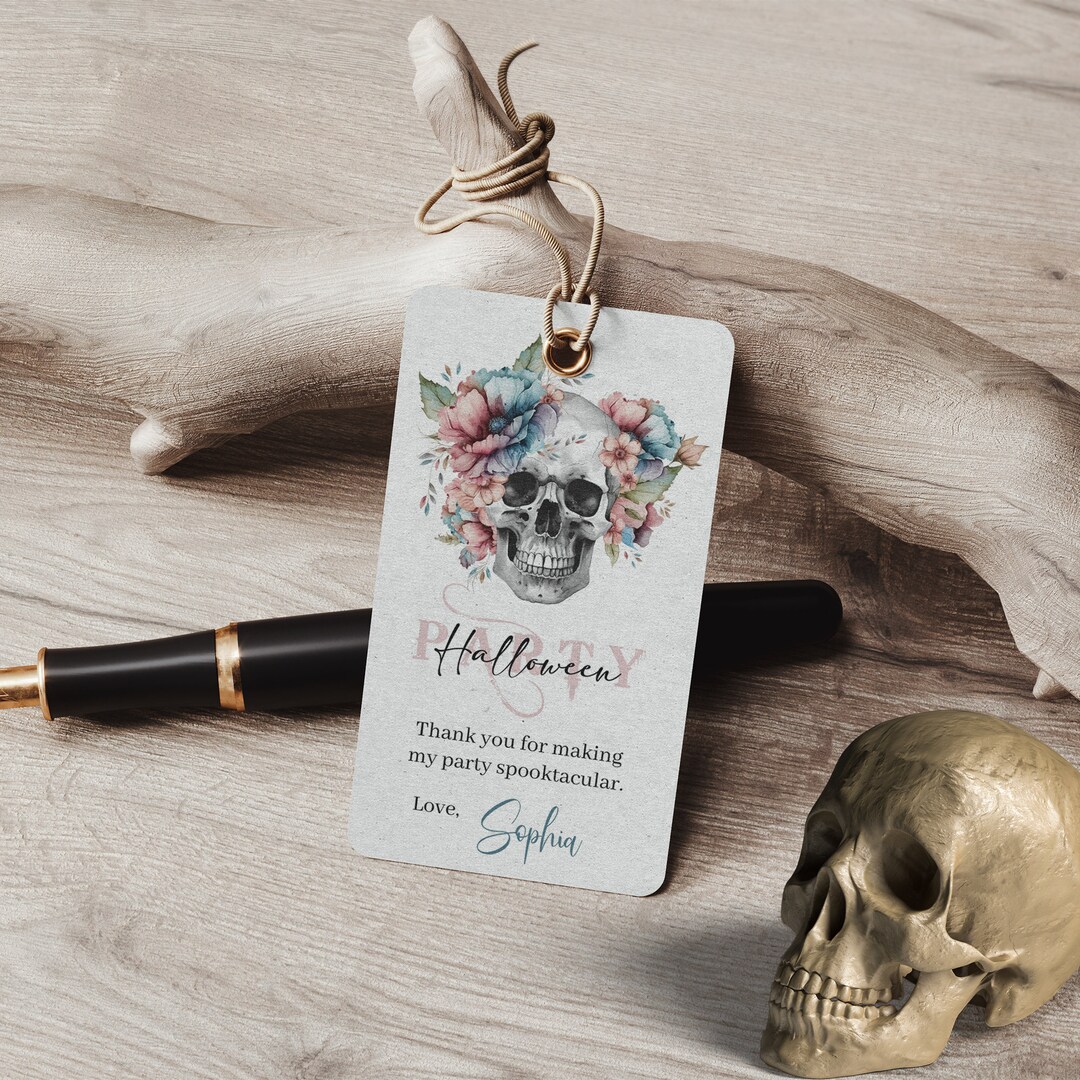 Editable Minimal Halloween Flowers Skull Favor Tags Spooky Gift Tags ...