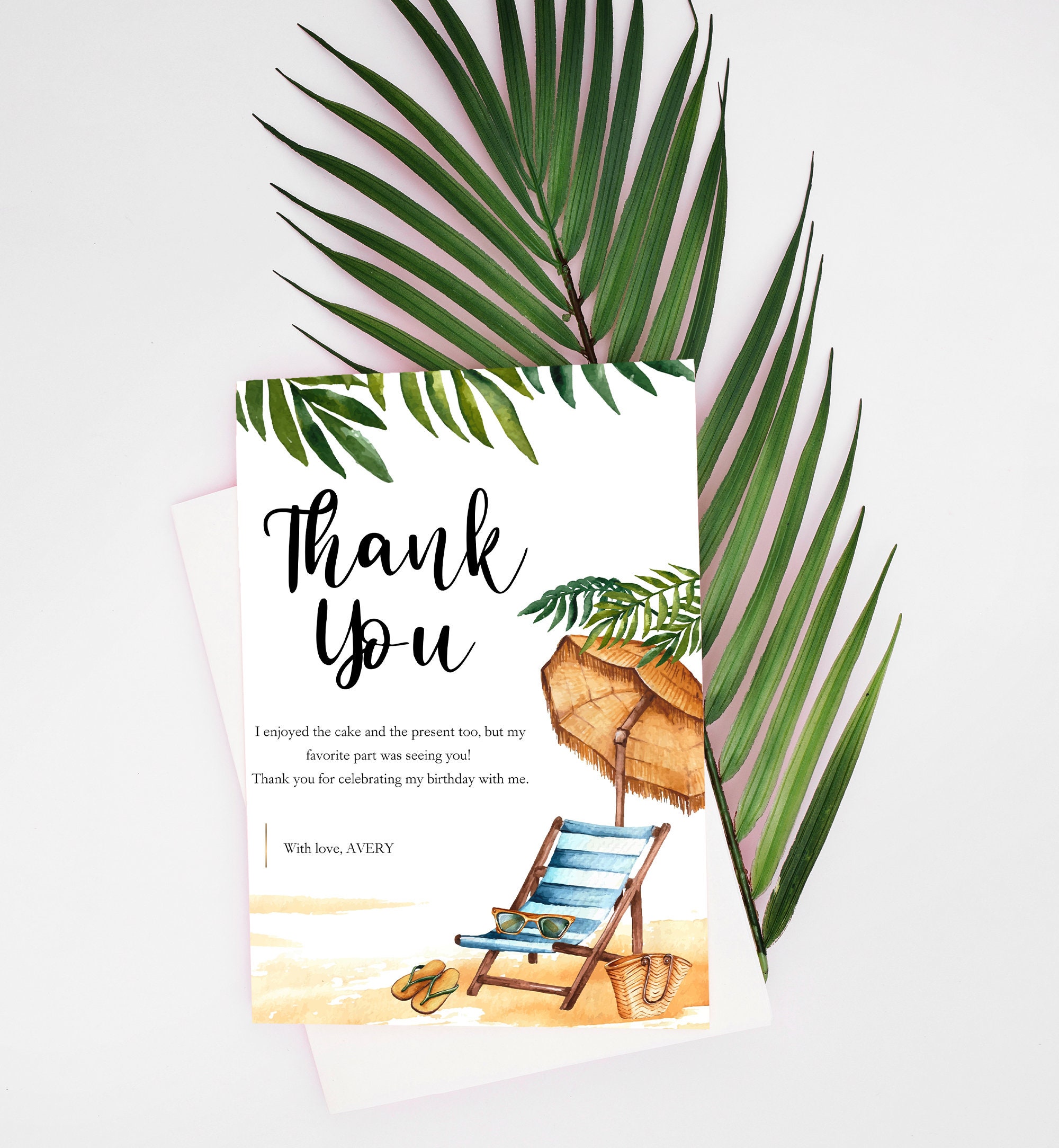 Editable Thank You Card Seaside Beach Party Happy Summer Sunbed ...