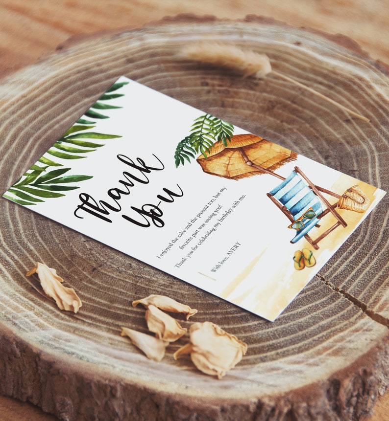 Editable Thank You Card Seaside Beach Party Happy Summer Sunbed ...
