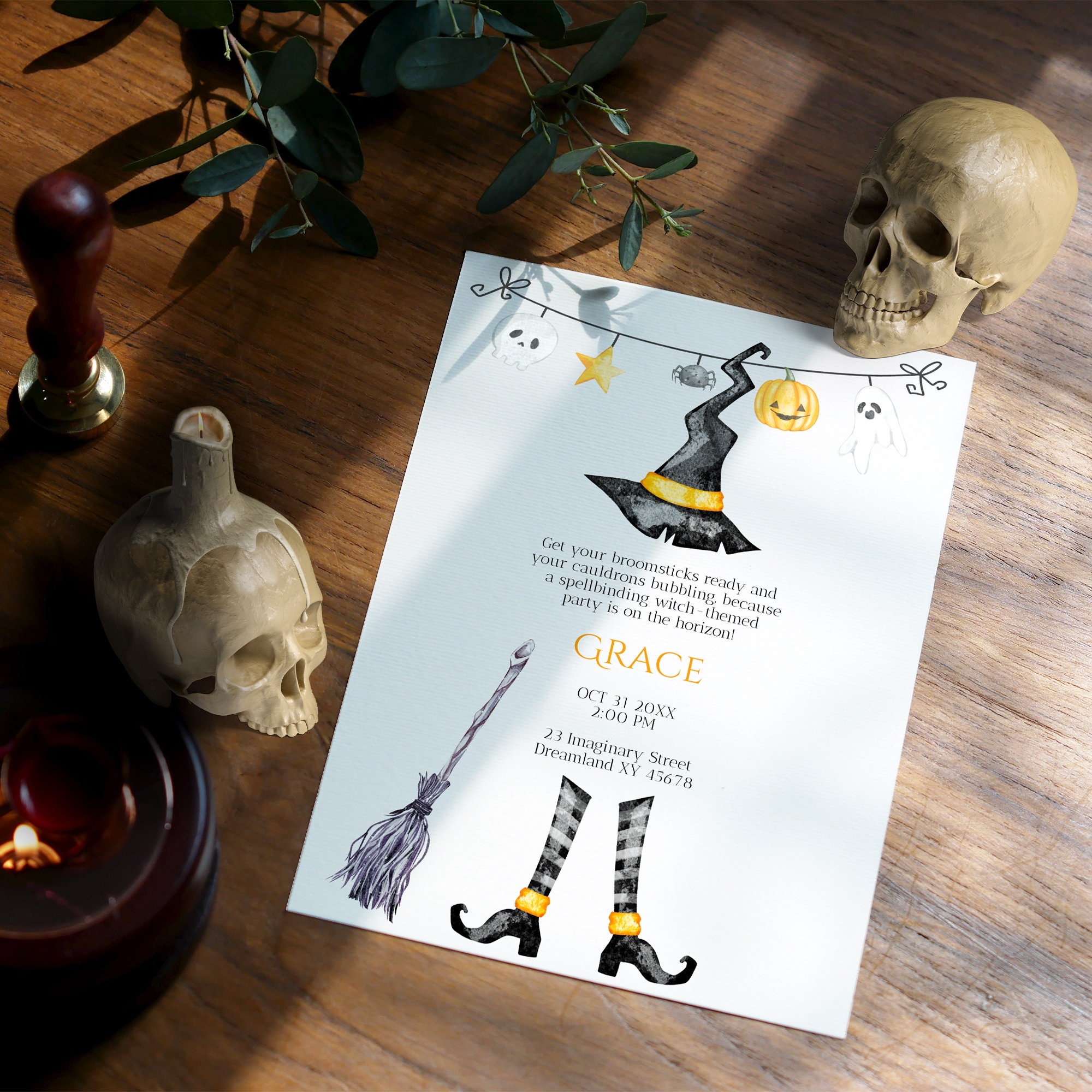Editable Minimal Halloween Witch Invitation | Witch Cute Invitation ...