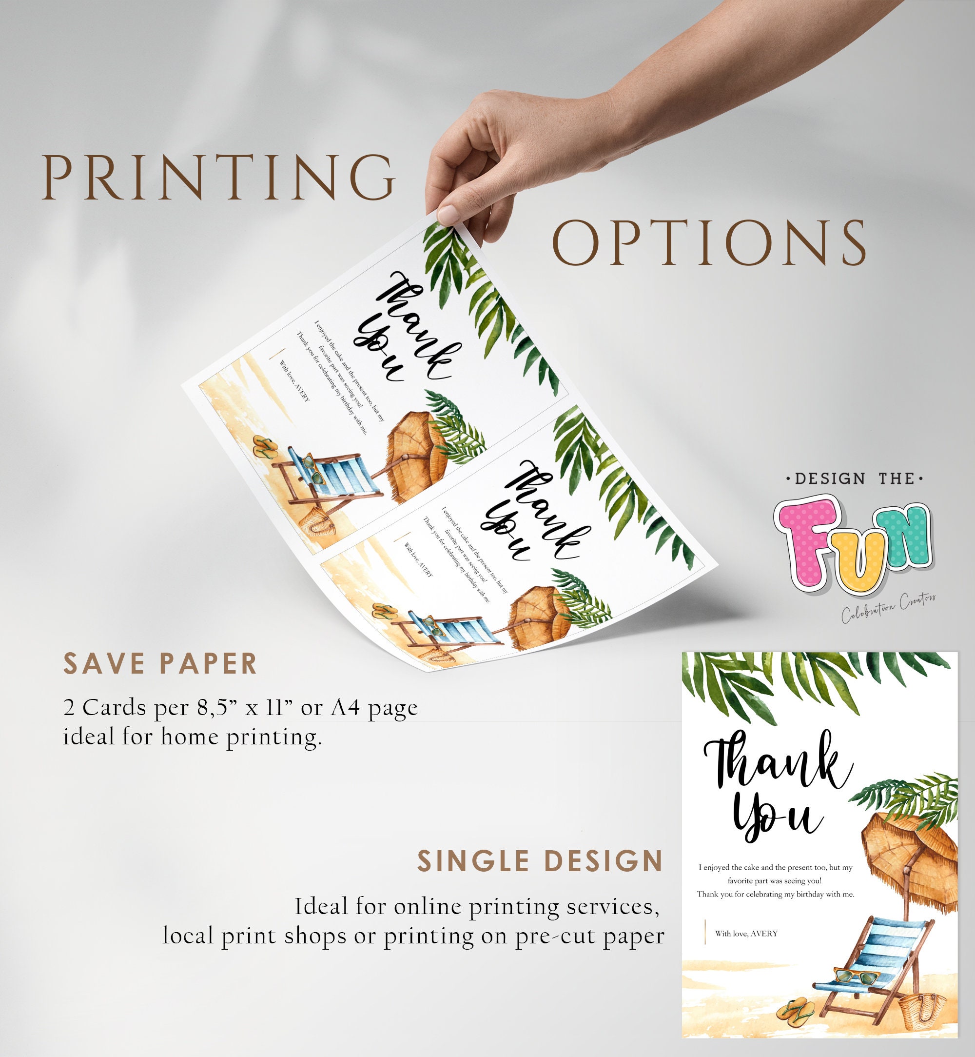 Editable Thank You Card Seaside Beach Party Happy Summer Sunbed ...