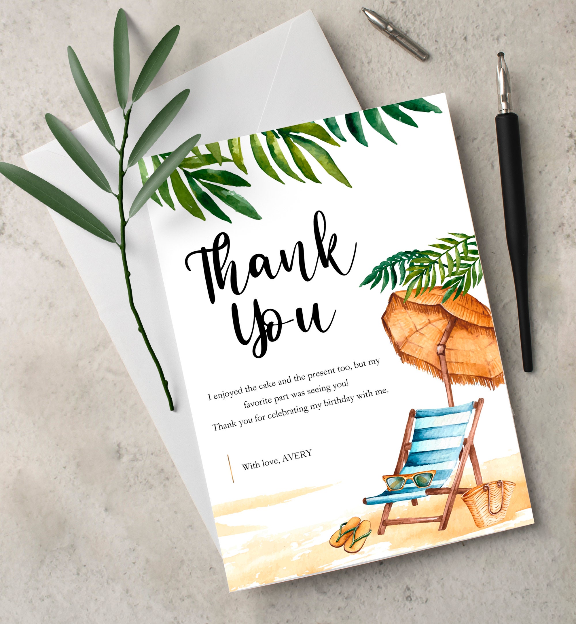 Editable Thank You Card Seaside Beach Party Happy Summer Sunbed ...