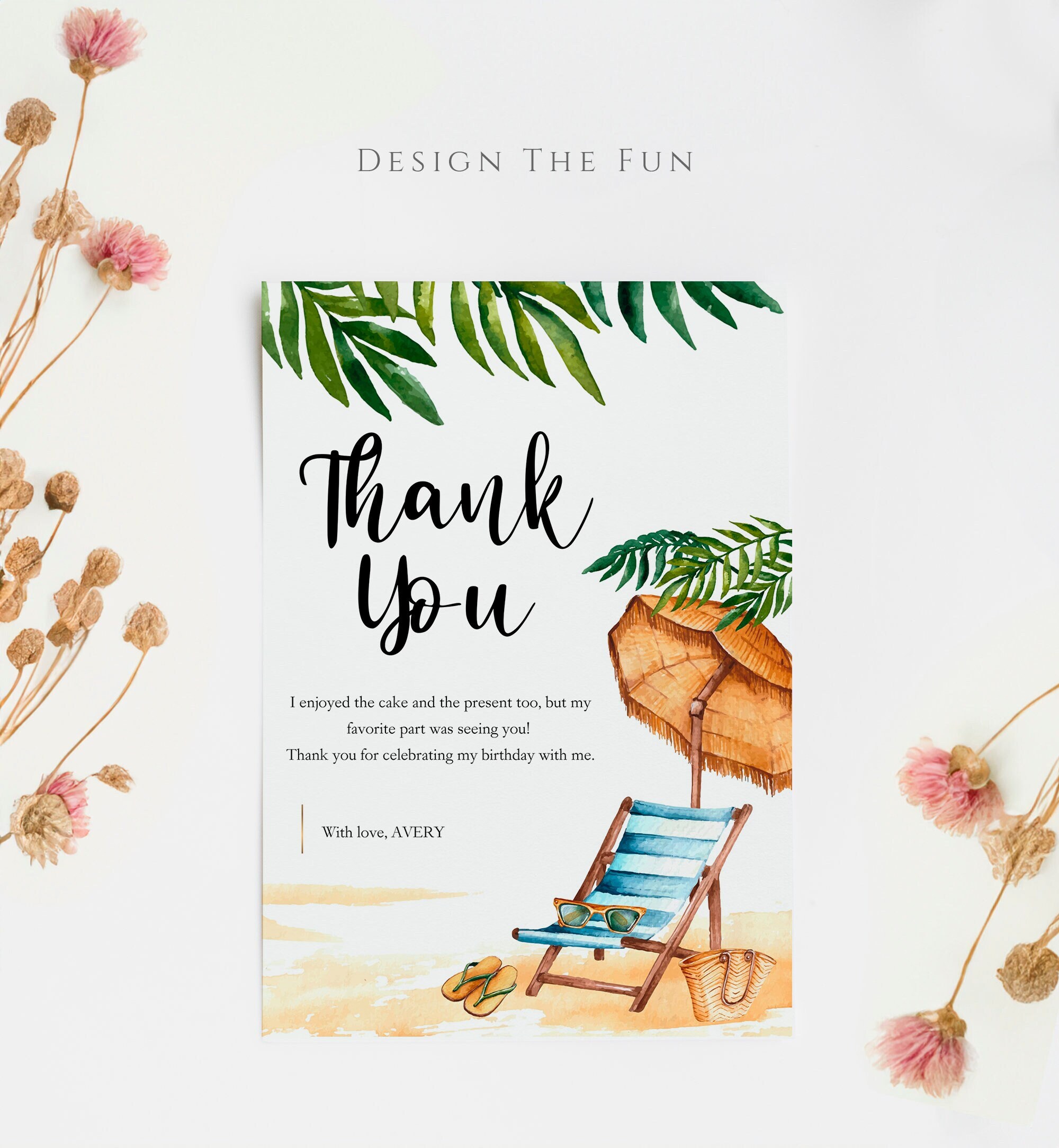 Editable Thank You Card Seaside Beach Party Happy Summer Sunbed ...