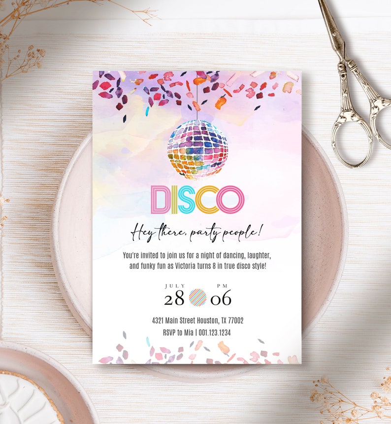 Editable Disco Birthday Invitation Dancing Party Disco Ball Retro ...