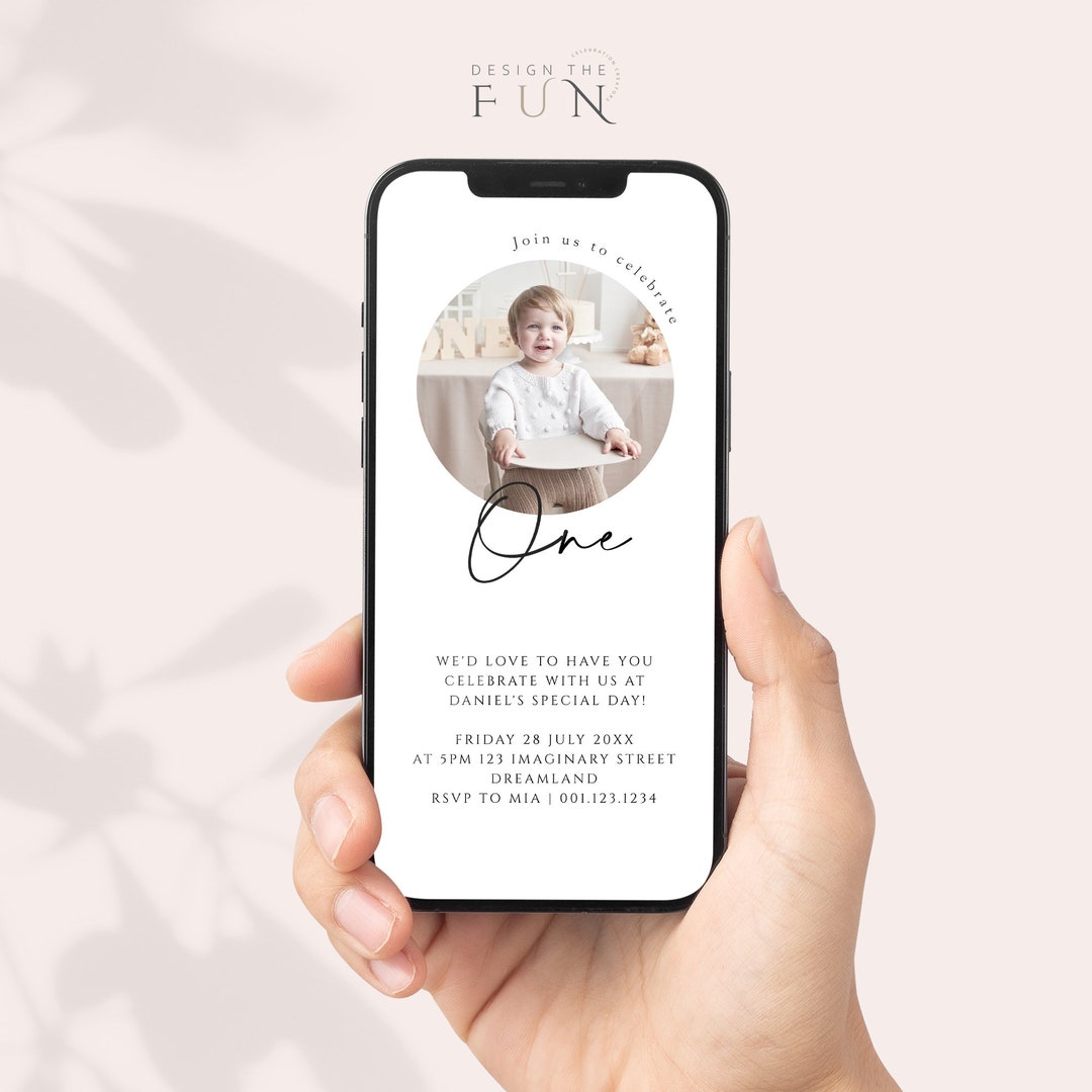 First Birthday Evite Invitation Template Minimalist Digital 1st ...