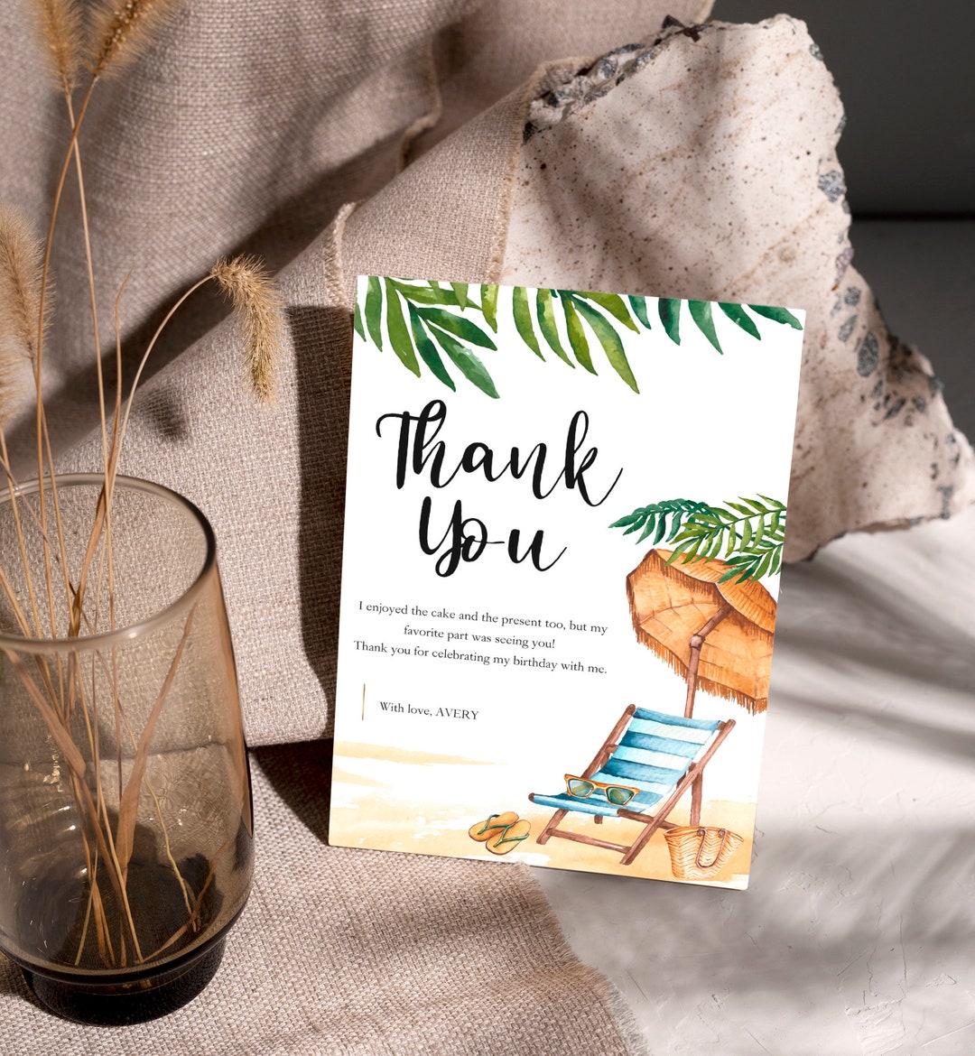 Editable Thank You Card Seaside Beach Party Happy Summer Sunbed ...