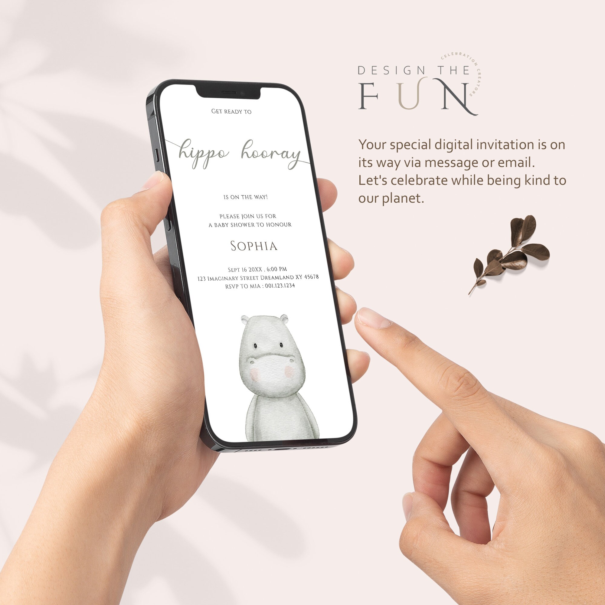 Hippo Baby Shower Evite Invitation Template | Minimalist Digital Hippo ...