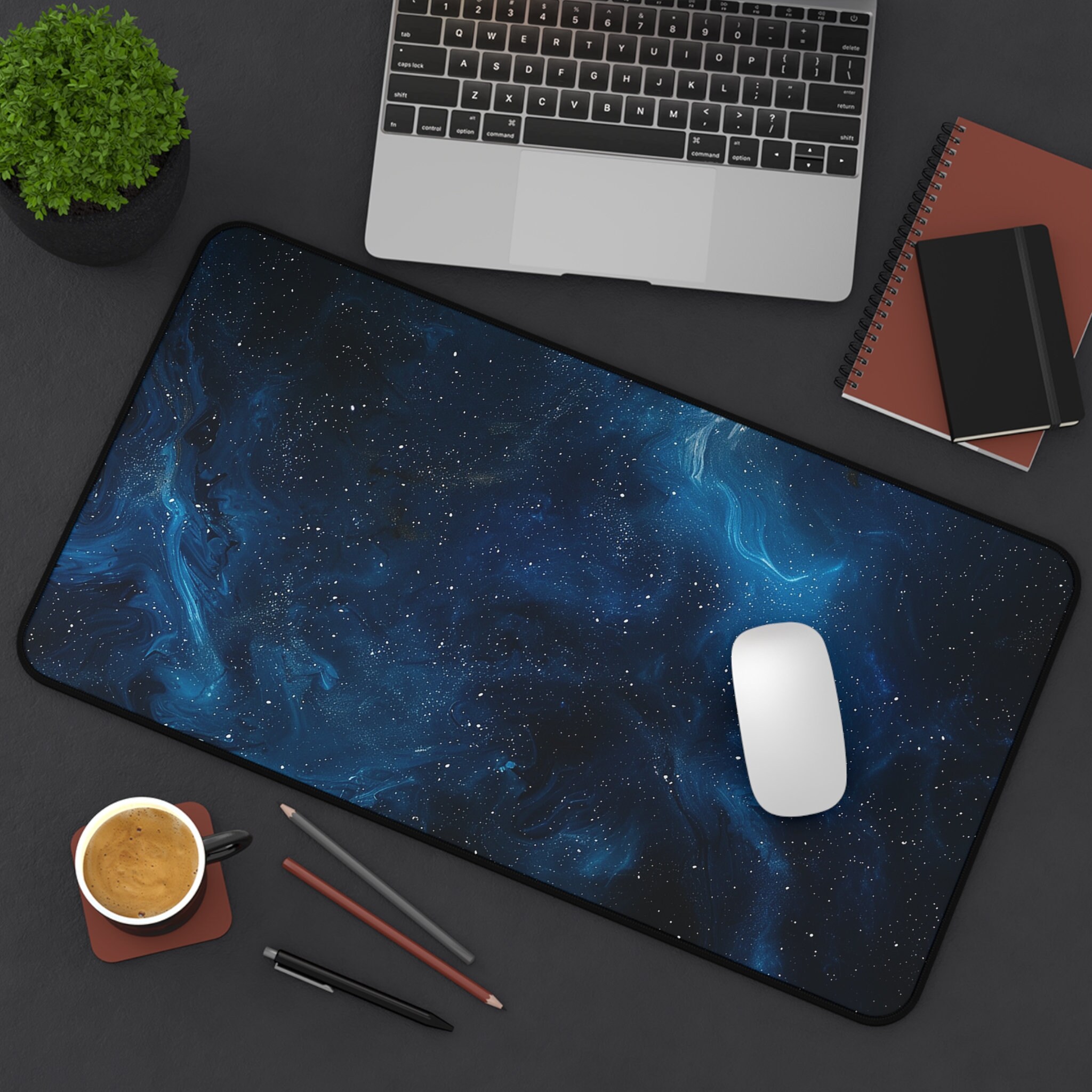 Nebula Dark Blue Stars Futuristic Desk Mat Beautiful Orange and Pink ...