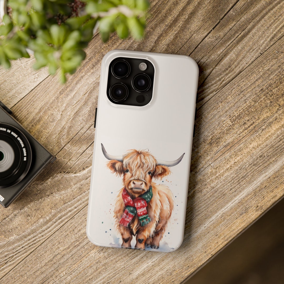 Simple Pastel Colorful Christmas Highland Cow Design Tough Phone Cases iPhone 15, iPhone 14 ...