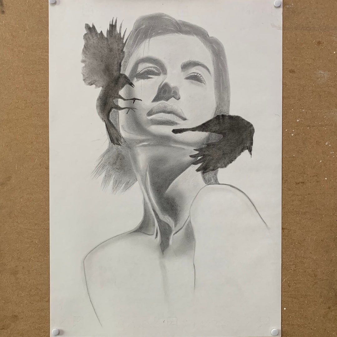 Original Graphite and Charcoal Drawing. Portrait of Woman and Crows. - Etsy