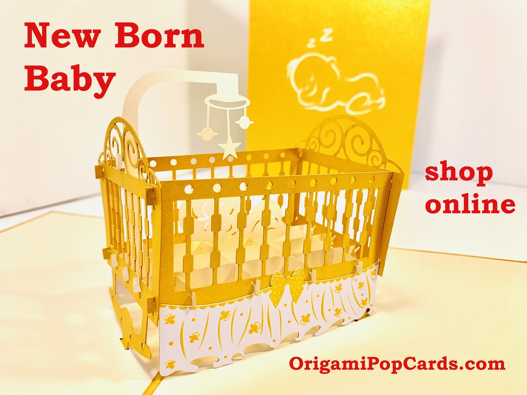 Baby Cot in Gold Pop up Greeting Card - Created by Origami Pop Cards ...