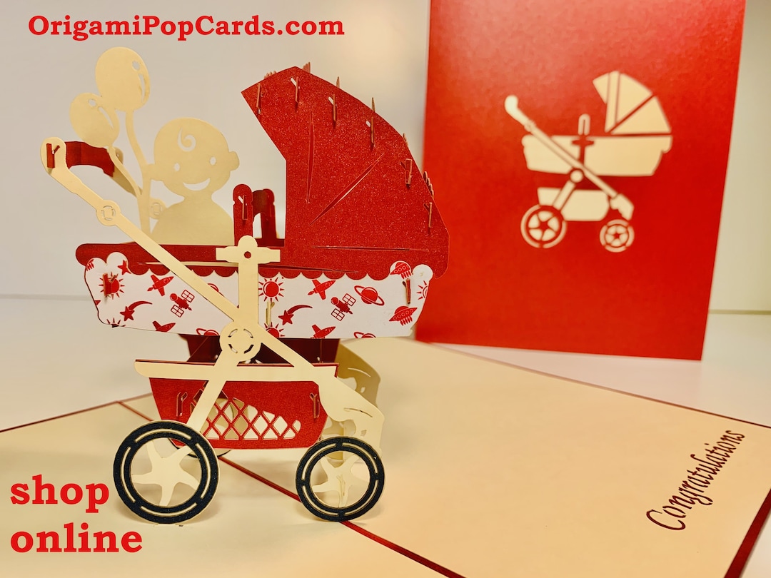 Baby Carriage Pram in Red Pop up Greeting Card - Created by Origami Pop ...