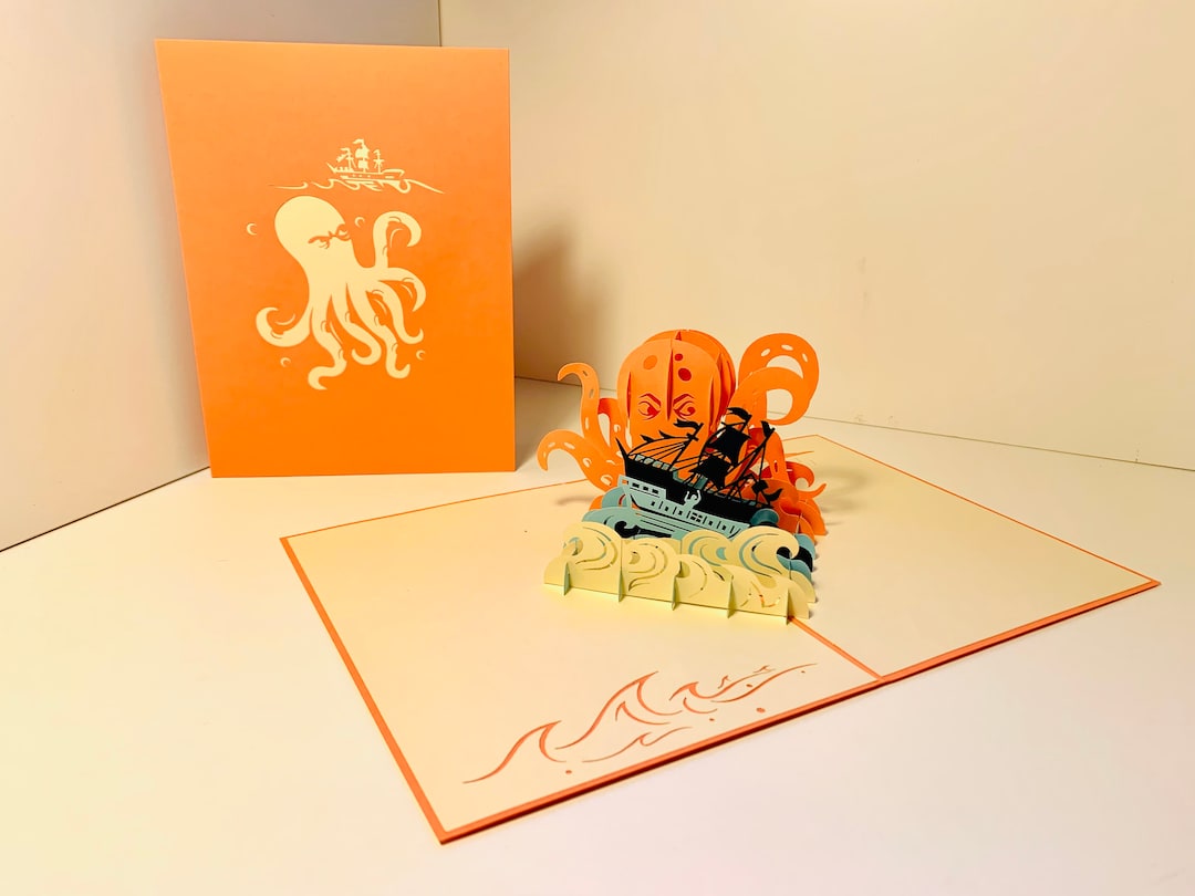 Giant Orange Octopus & Blue Ship Card - Created by Origami Pop Cards ...