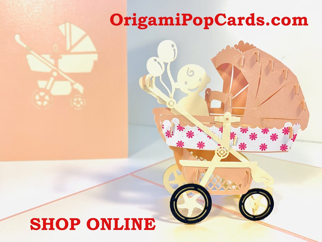 Baby Carriage Pram in Pink 3D Birthday Greeting Card Origami Handmade ...